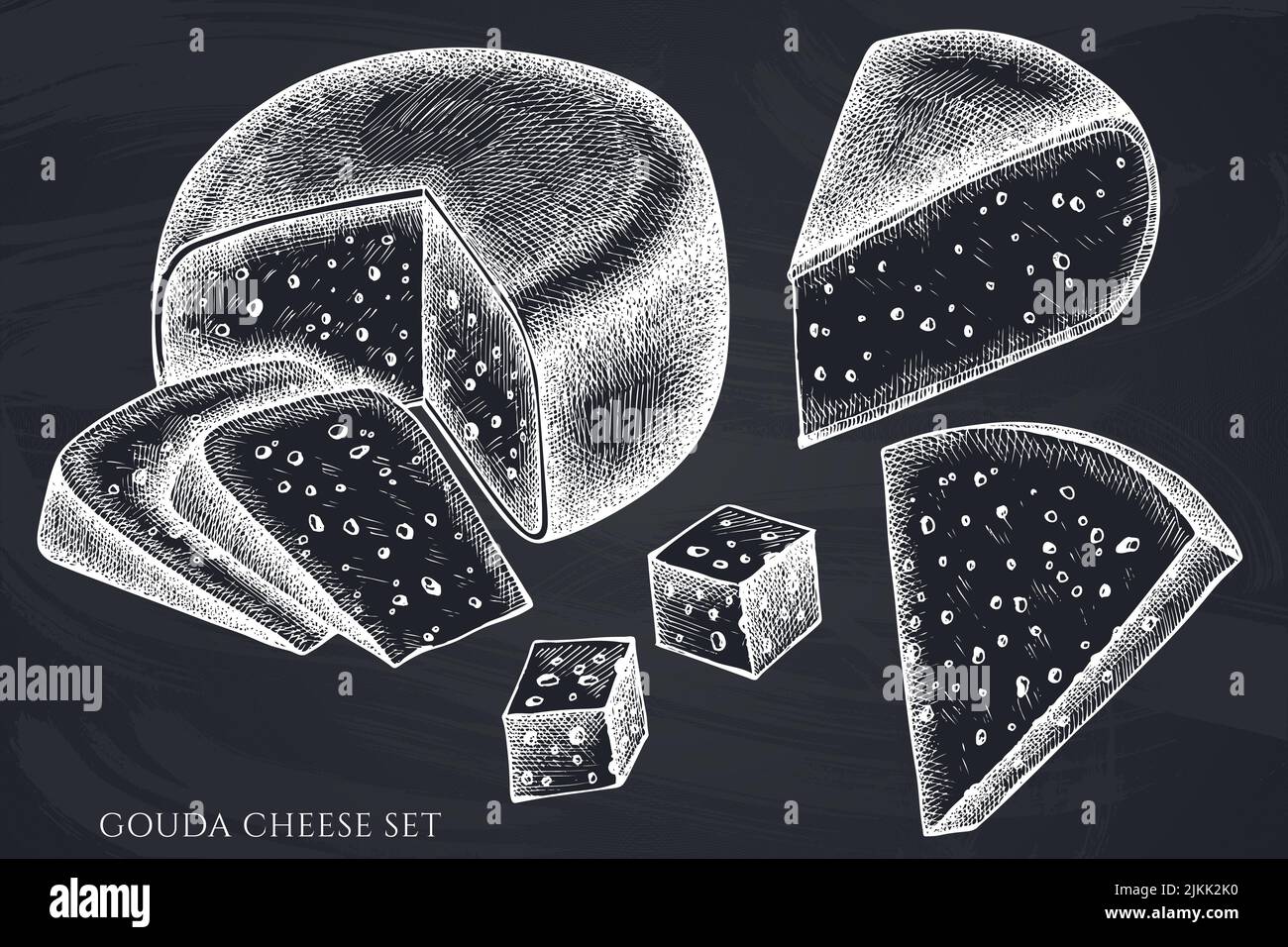 Cheese hand drawn vector illustrations collection. Chalk gouda cheese ...