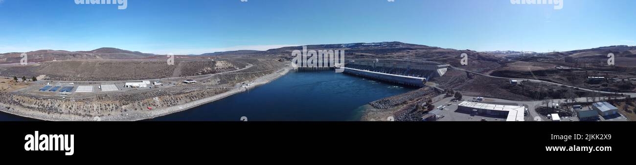 An aerial panoramic view of the Chief Joseph Dam on the Columbia River ...