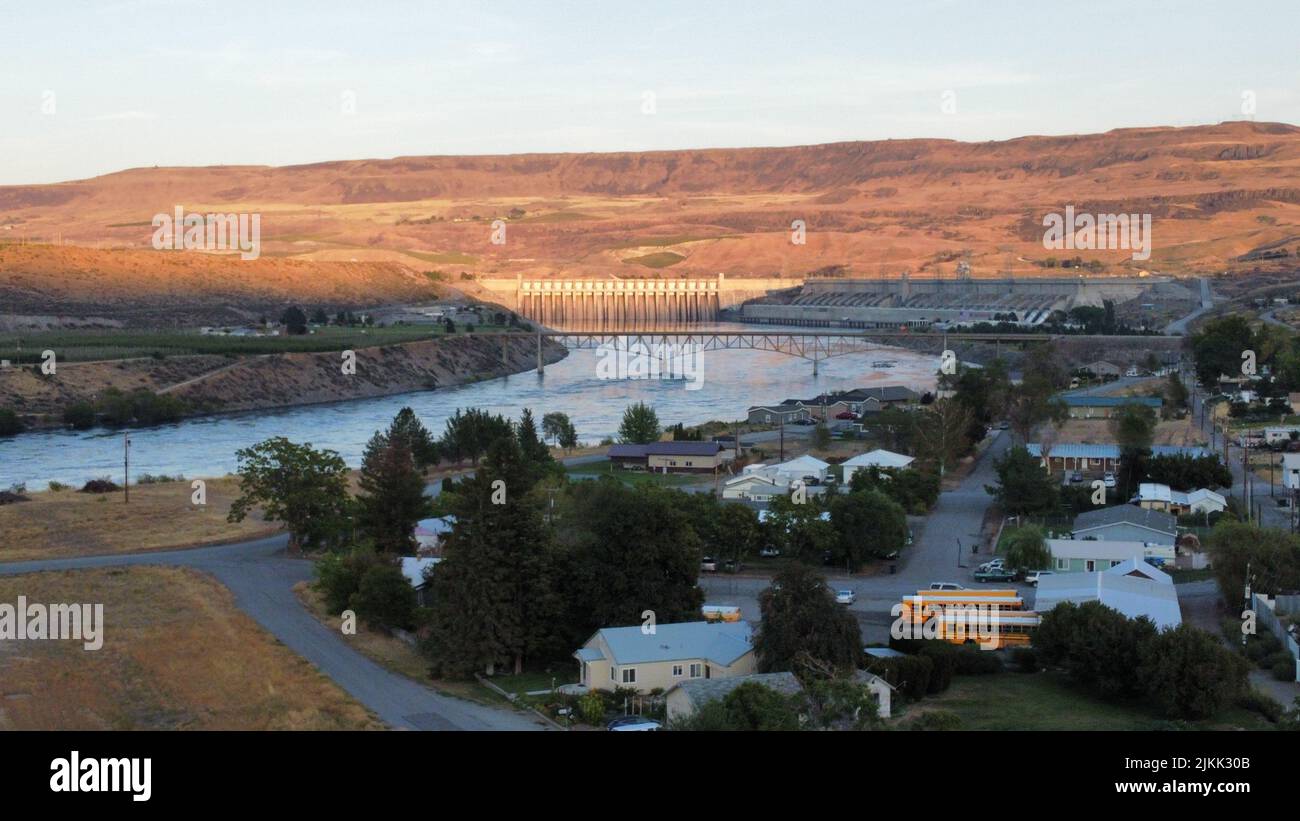 An aerial view of the Chief Joseph Dam on the Columbia River in ...