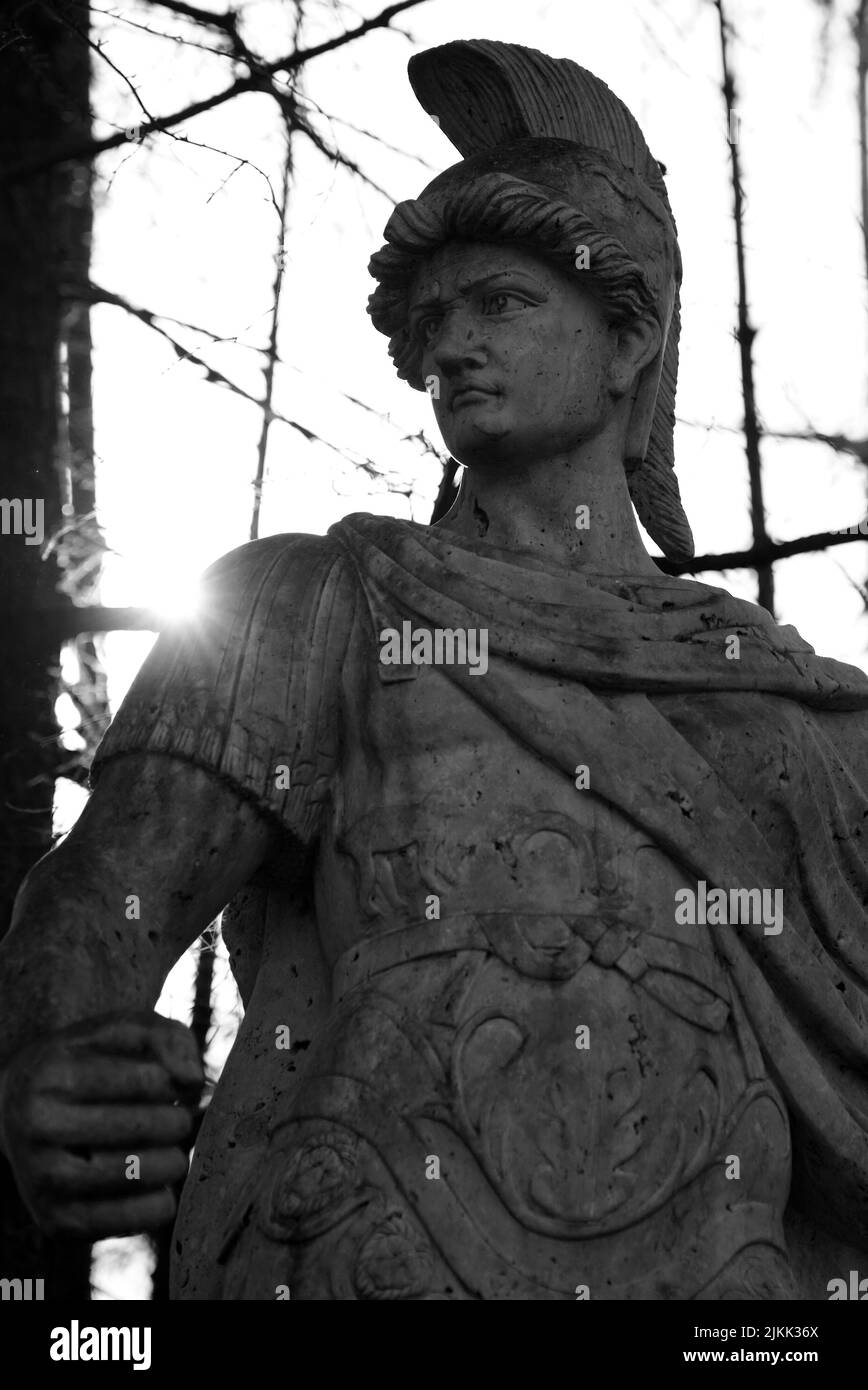 A closeup grayscale shot of a man soldier statue with blurred ...