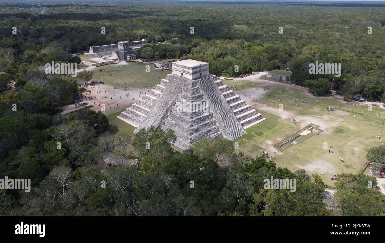 A drone view of the landmark Mexico World Wonder Pyramid with trees ...