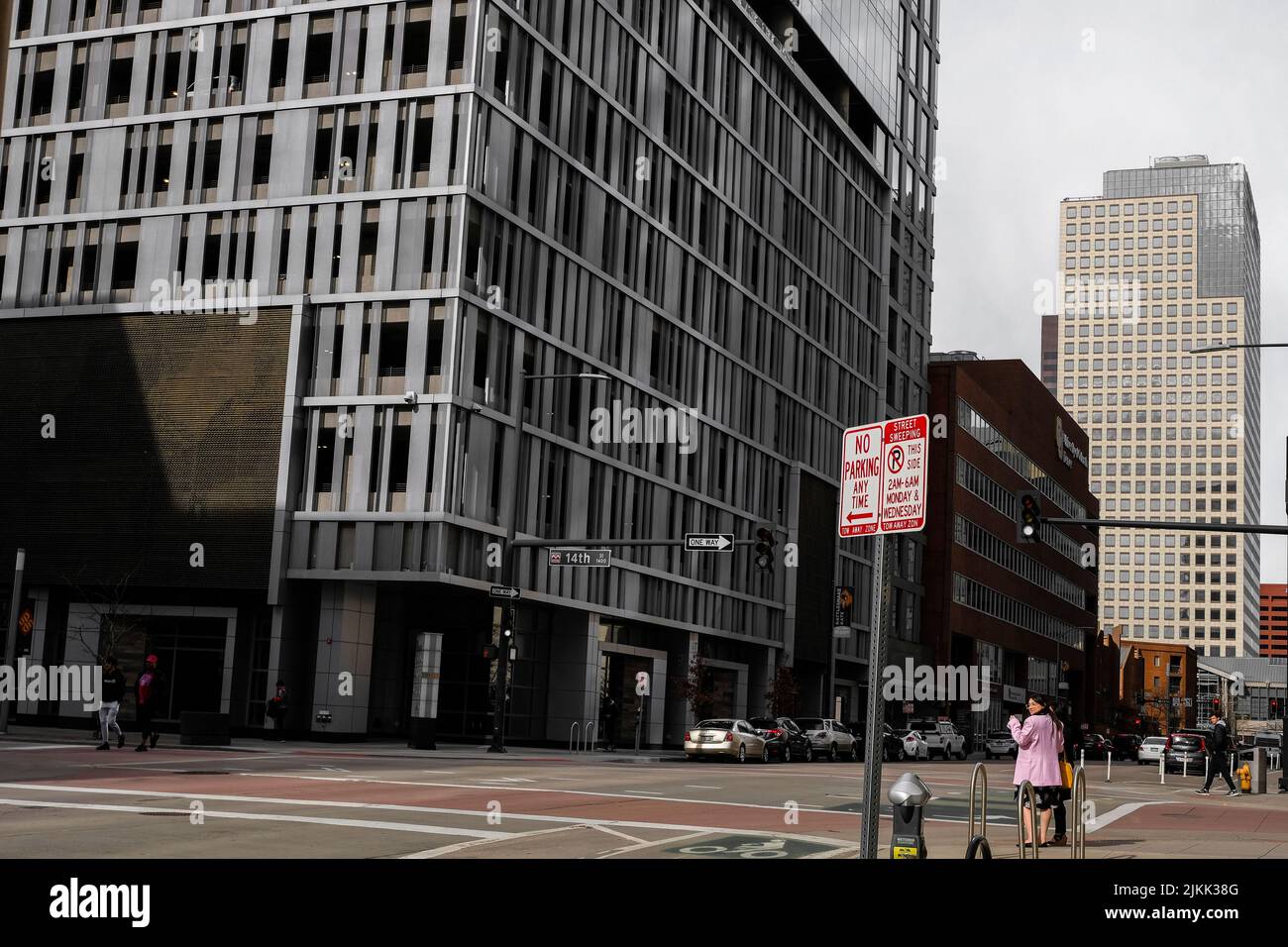 A beautiful shot of a crosswalk in the downtown street in Denver, USA ...