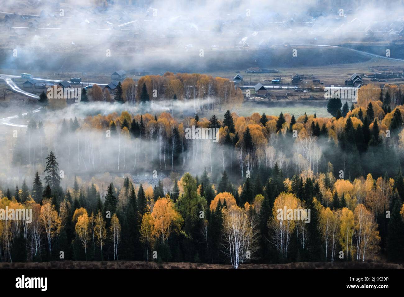 An aerial view of the river flowing in the autumnal dense forest covered with fog in the early ...