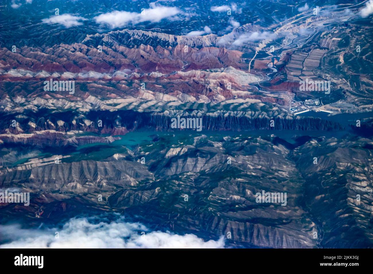 An Overlooking shot of the Tianshan Mountains in Xinjiang from the air ...