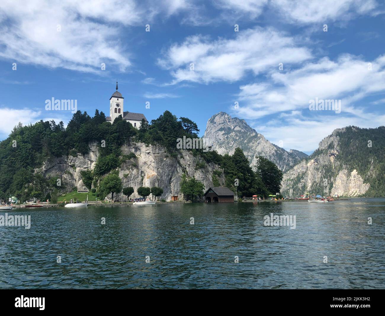 View to Traunkirchen with its church on a rock, Upper Austria ...