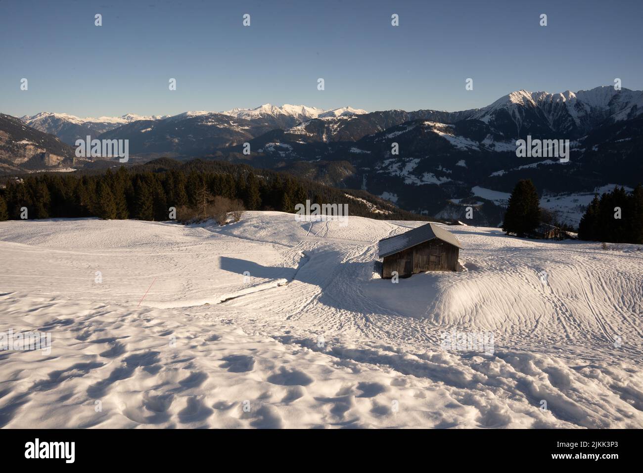 A photo of snow in Laax, a municipality in the Surselva Region ...
