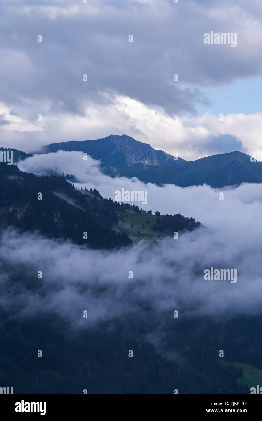 A vertical photo of mist and mountains in Falera, a municipality in the ...