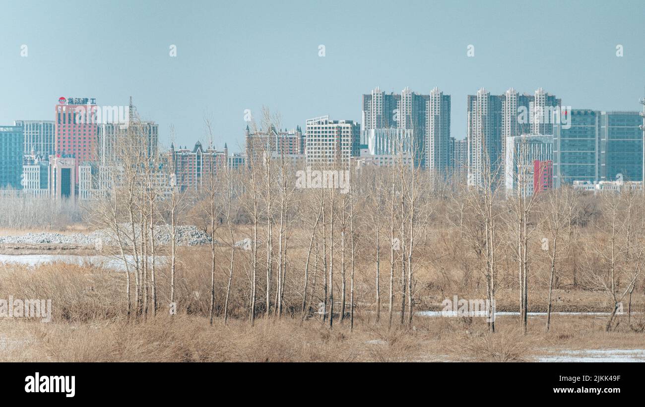 An aerial view of a winter landscape with city buildings in Harbin ...