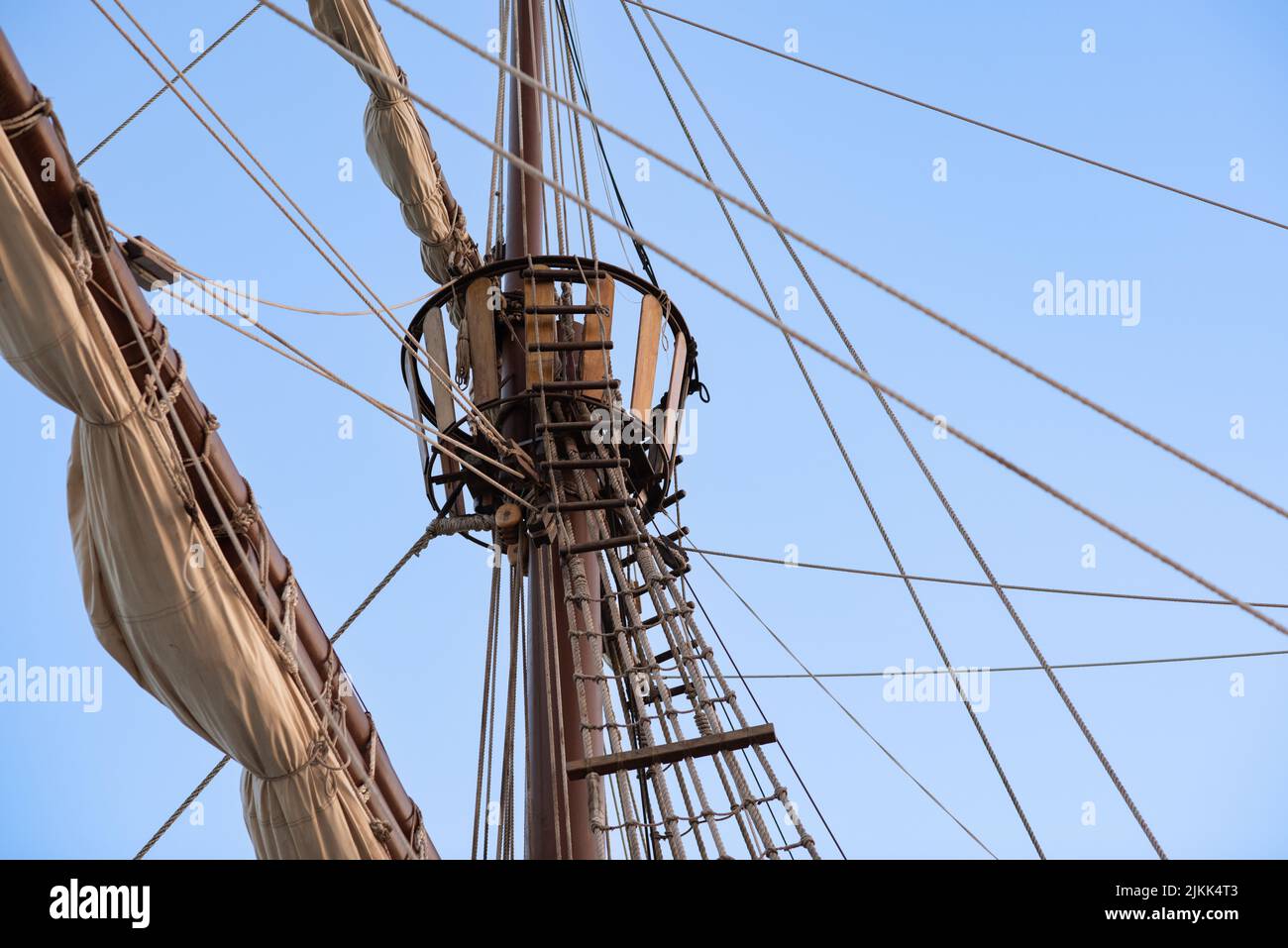 A old wooden sailing ship mast and sails, caravel, pirate ship Stock ...