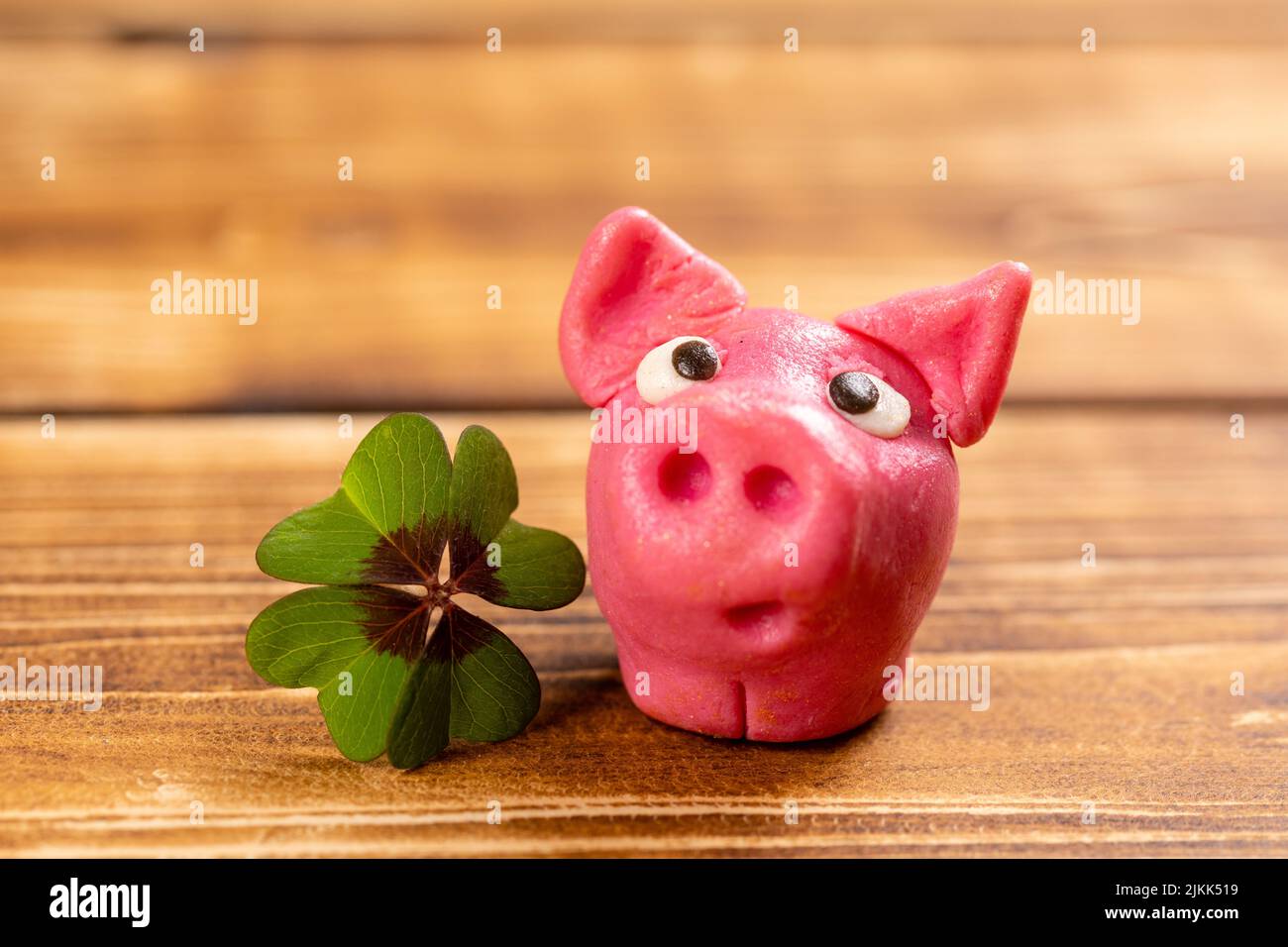 green shamrock with lucky pig on a wood background sign of happiness ...