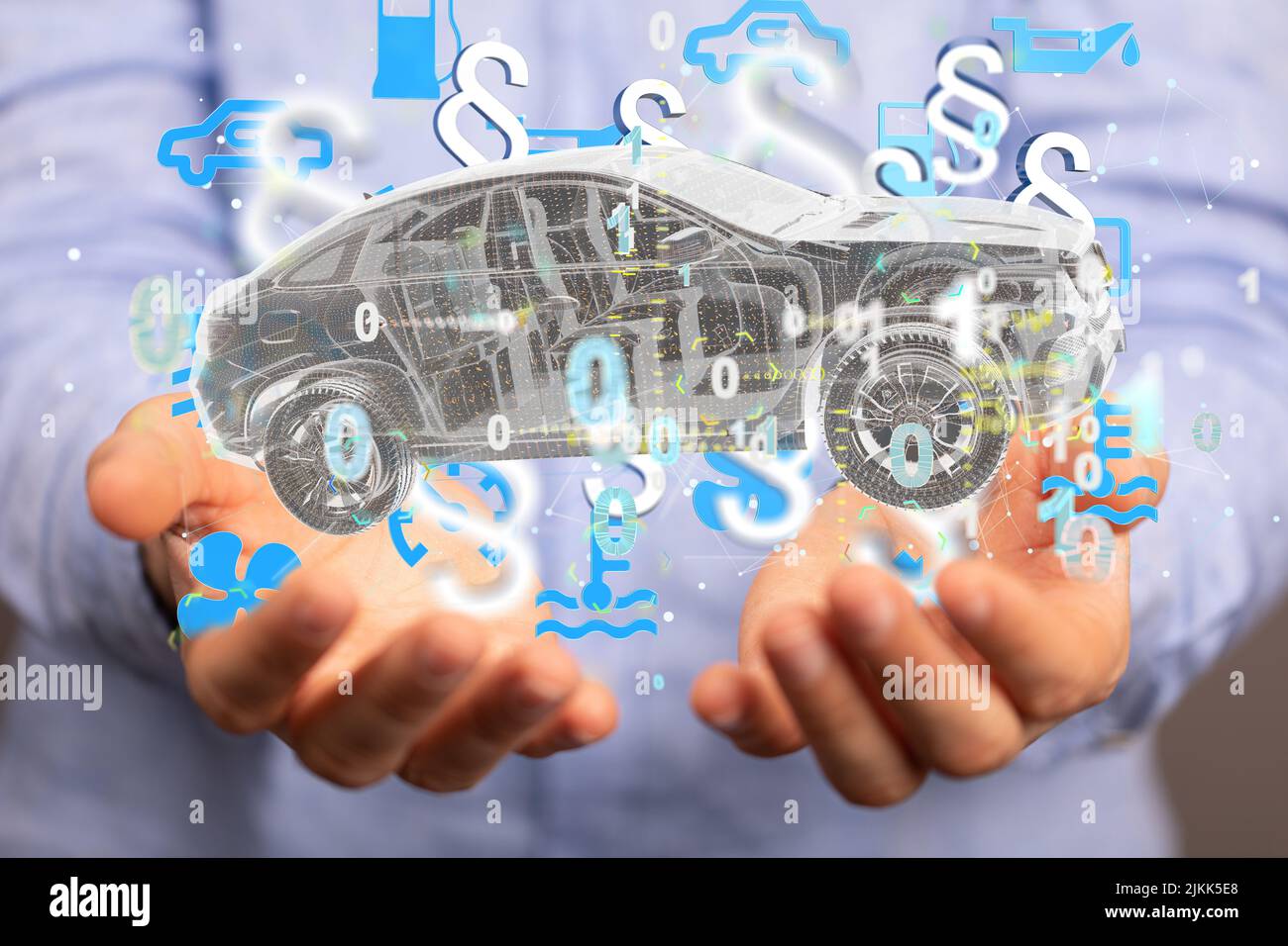 A digital illustration of the car, law signs, and binary code in the ...