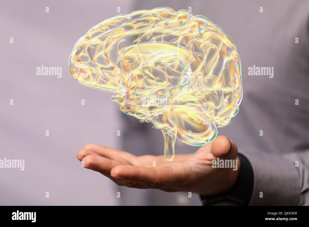 A 3D rendering of human brain floating in the palm of a man Stock Photo ...