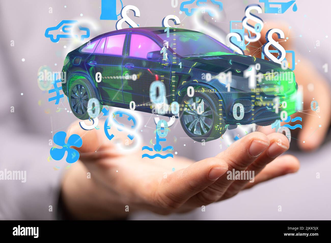A digital illustration of the car, law signs, and binary code in the ...