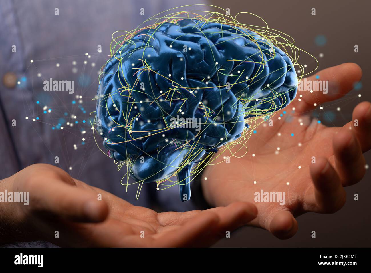 A 3D rendering of human brain floating in the hands of a man Stock ...