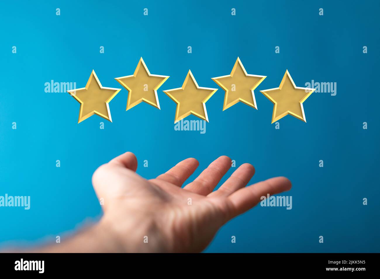A 3d rendering of five stars rating quality floating in the palm of a ...