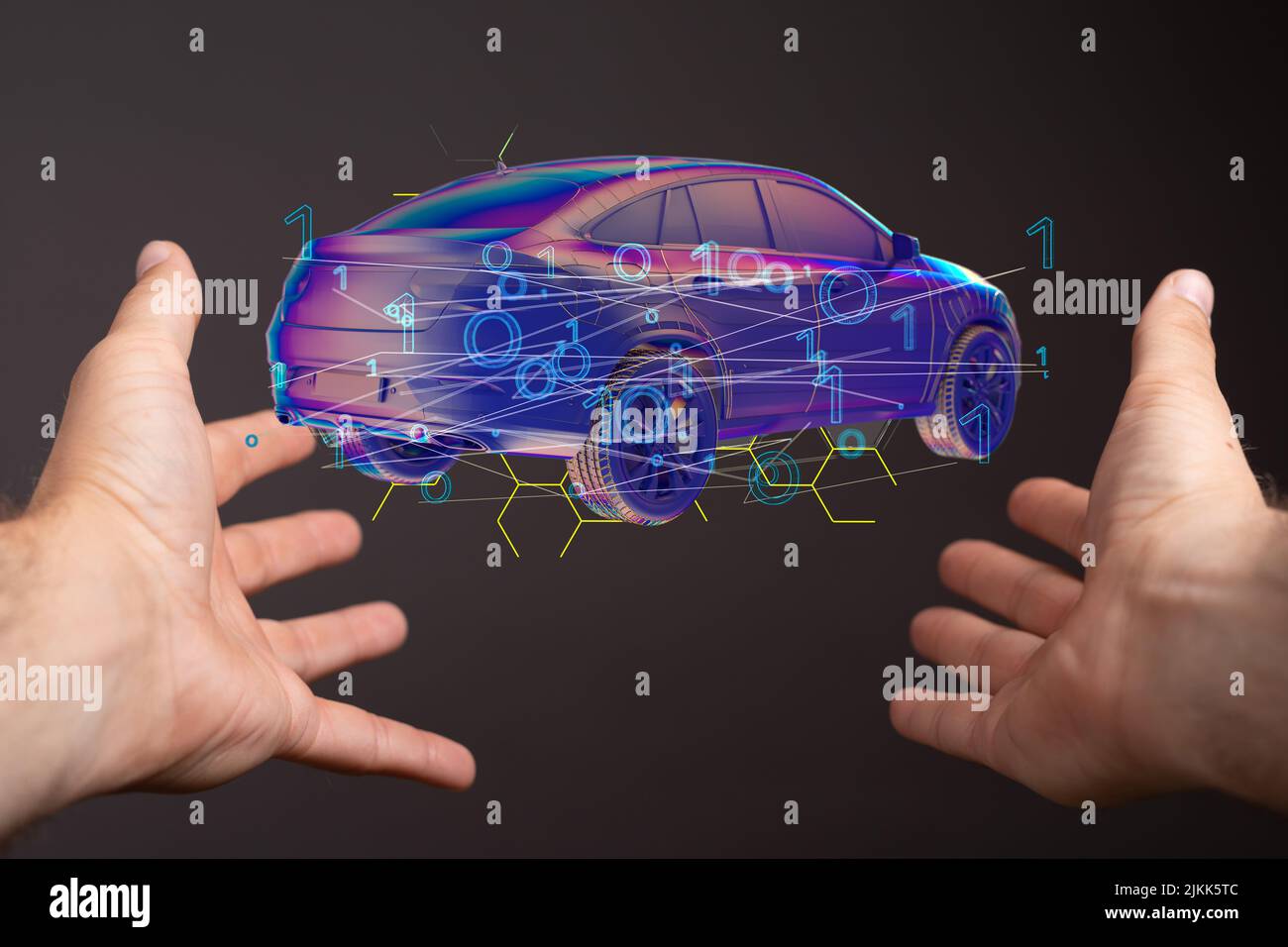 A 3D illustration of the car and binary code -wireframe rendering of ...