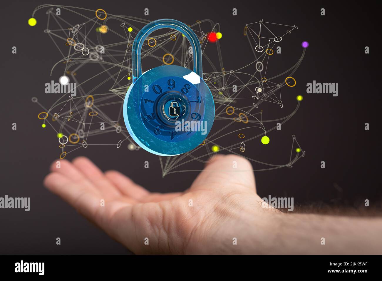 A 3D rendering of a padlock and abstract network hovering over a man's palm Stock Photo - Alamy