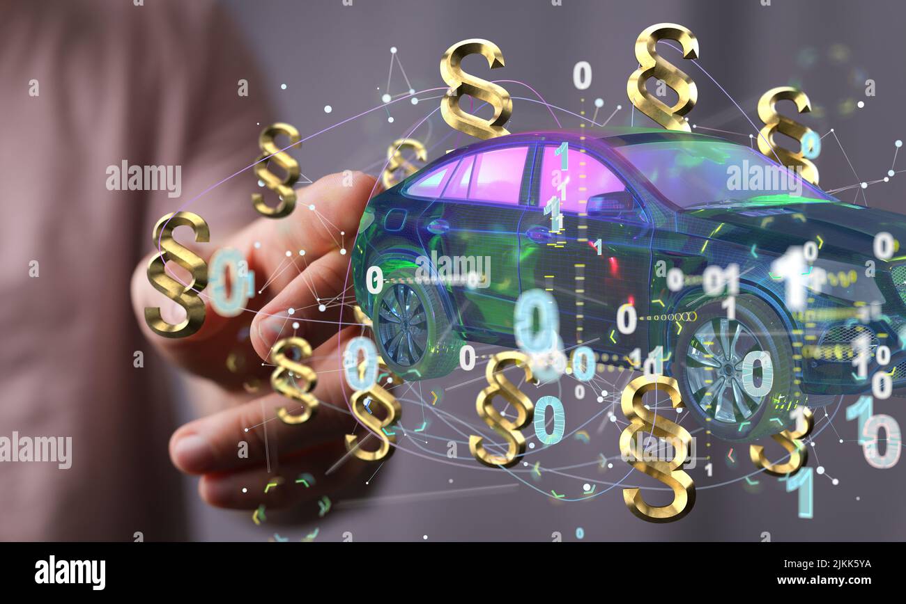 A finger touching the digital illustration of the car, law signs, and ...