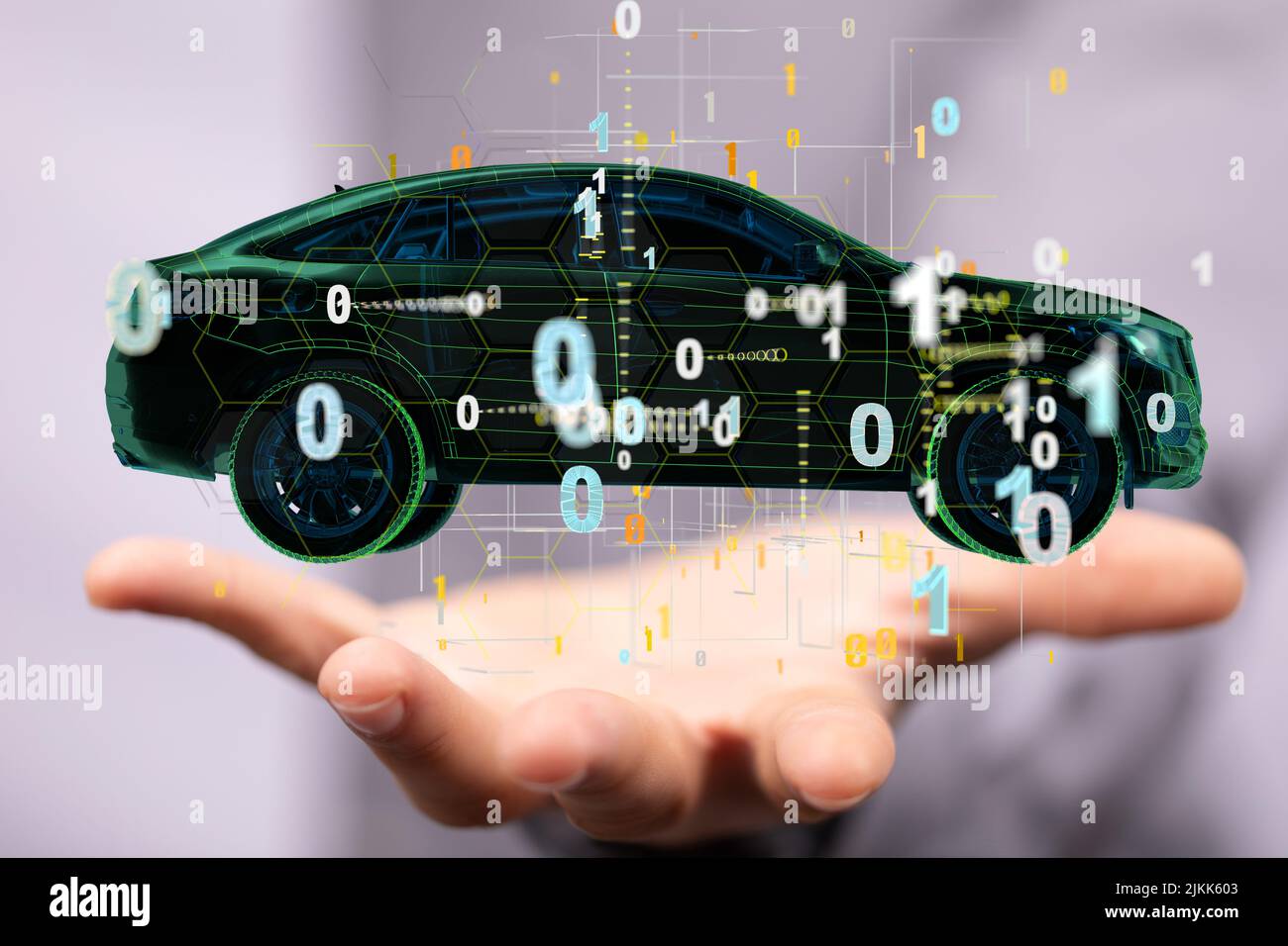 A 3D illustration of the car and binary code -wireframe rendering of ...