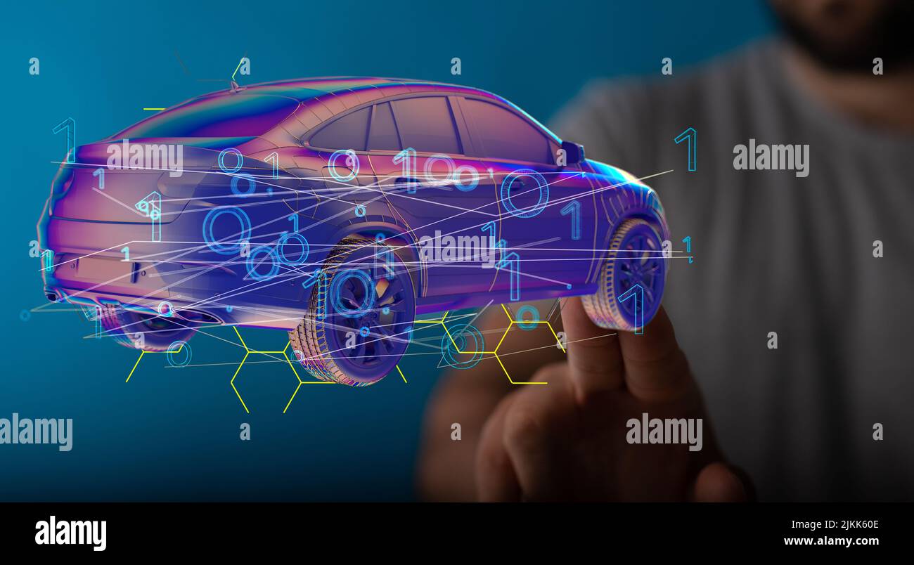 A 3D illustration of the car and binary code -wireframe rendering of ...
