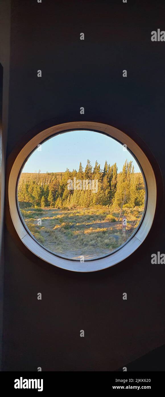 A vertical shot of a forest landscape view through a small circle ...