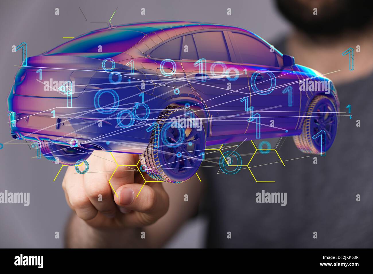 A 3D rendered hologram of a car and binary code hovering with a tapping ...