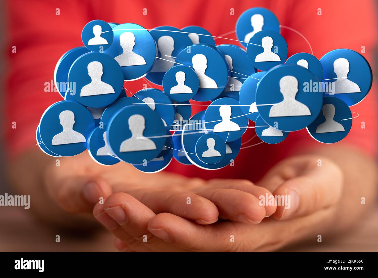 A 3D rendering of blue people icons hovering over a man's hands Stock ...