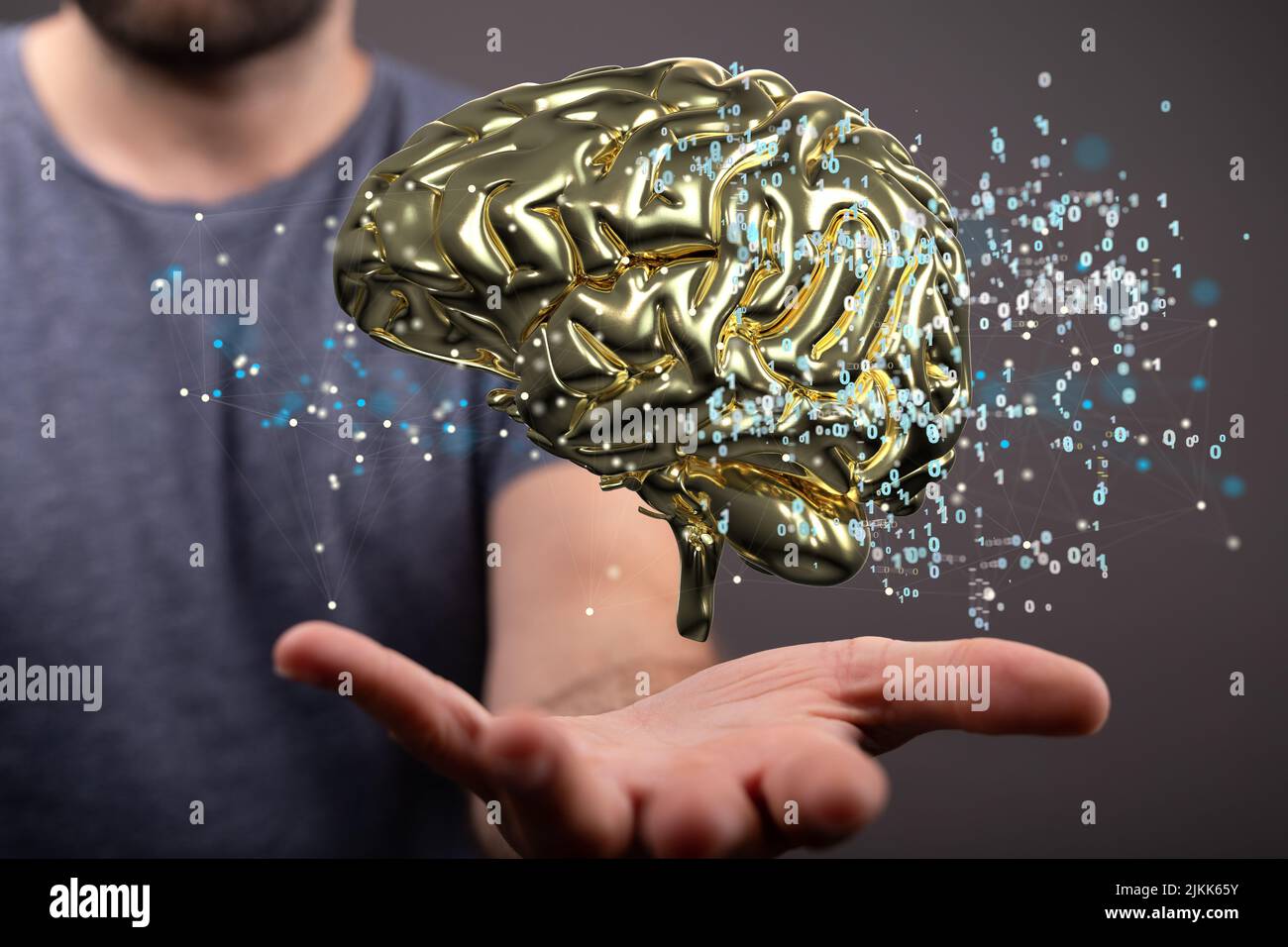 A 3D rendering of a golden brain and binary code hovering over a person ...