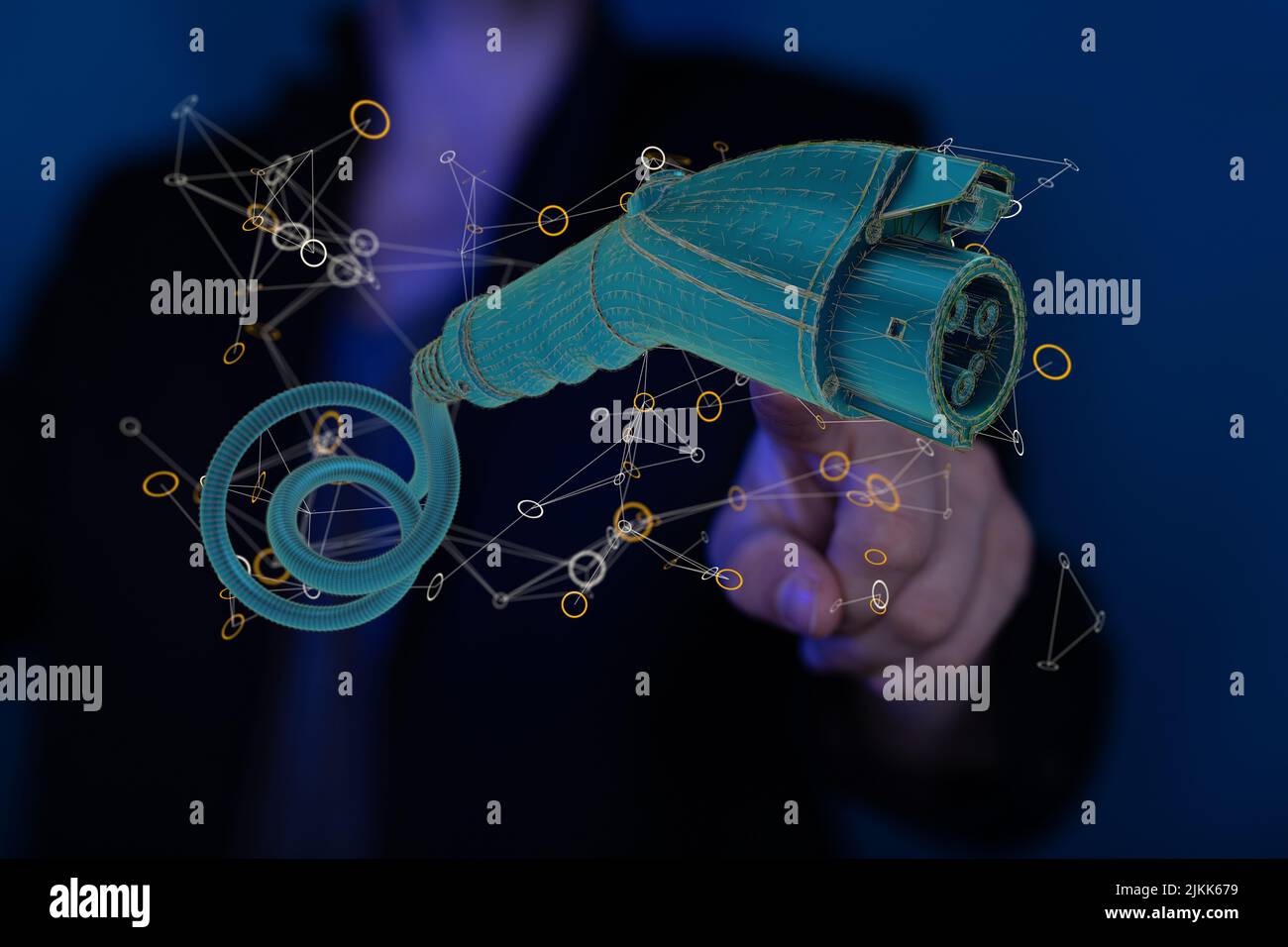 A man tapping on a 3D rendering of a power plug for electric car ...