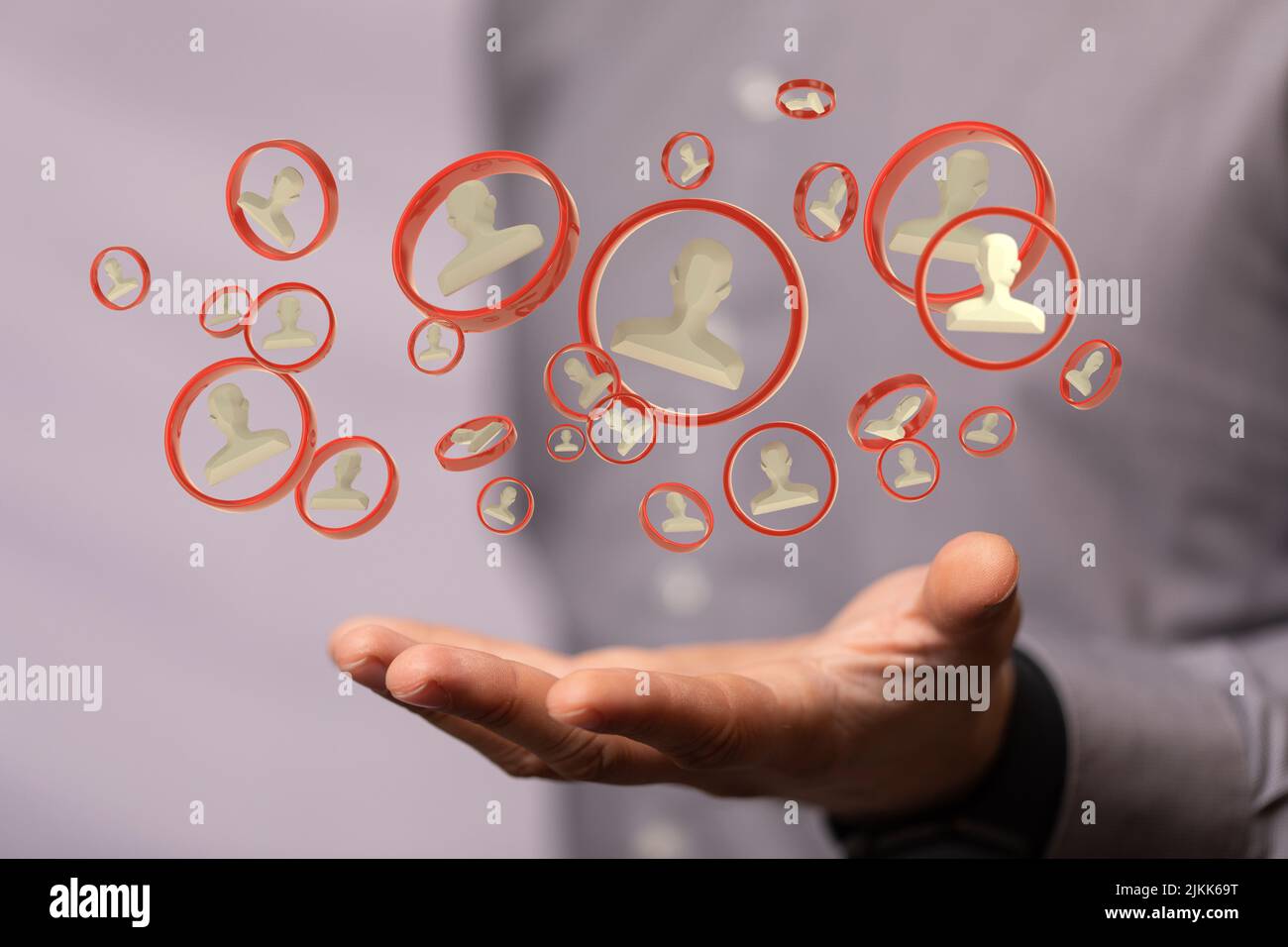 A group of 3D rendered people icons hovering over a man's palm Stock ...