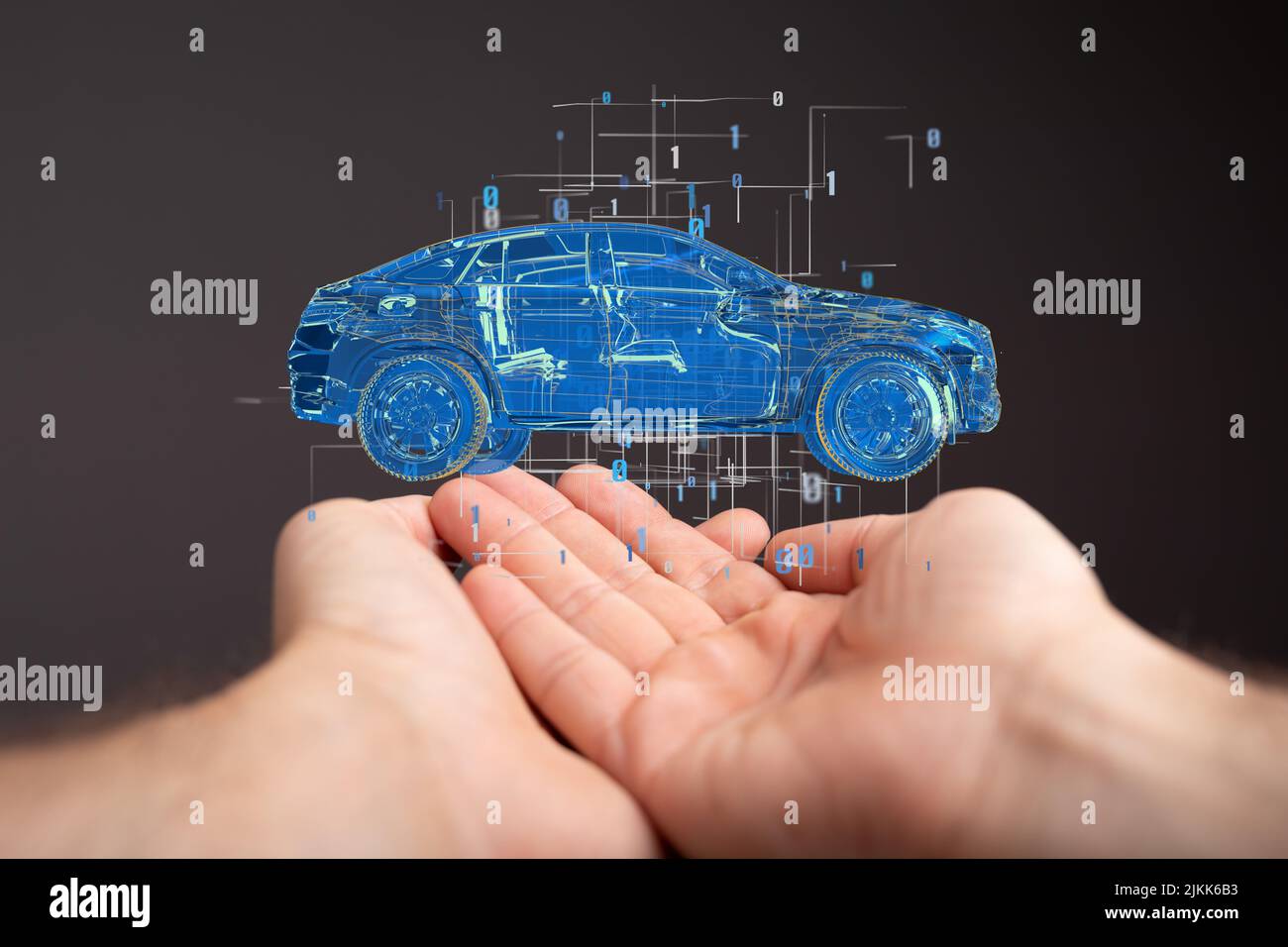 A 3D rendered hologram of a car and binary code hovering over a man's ...