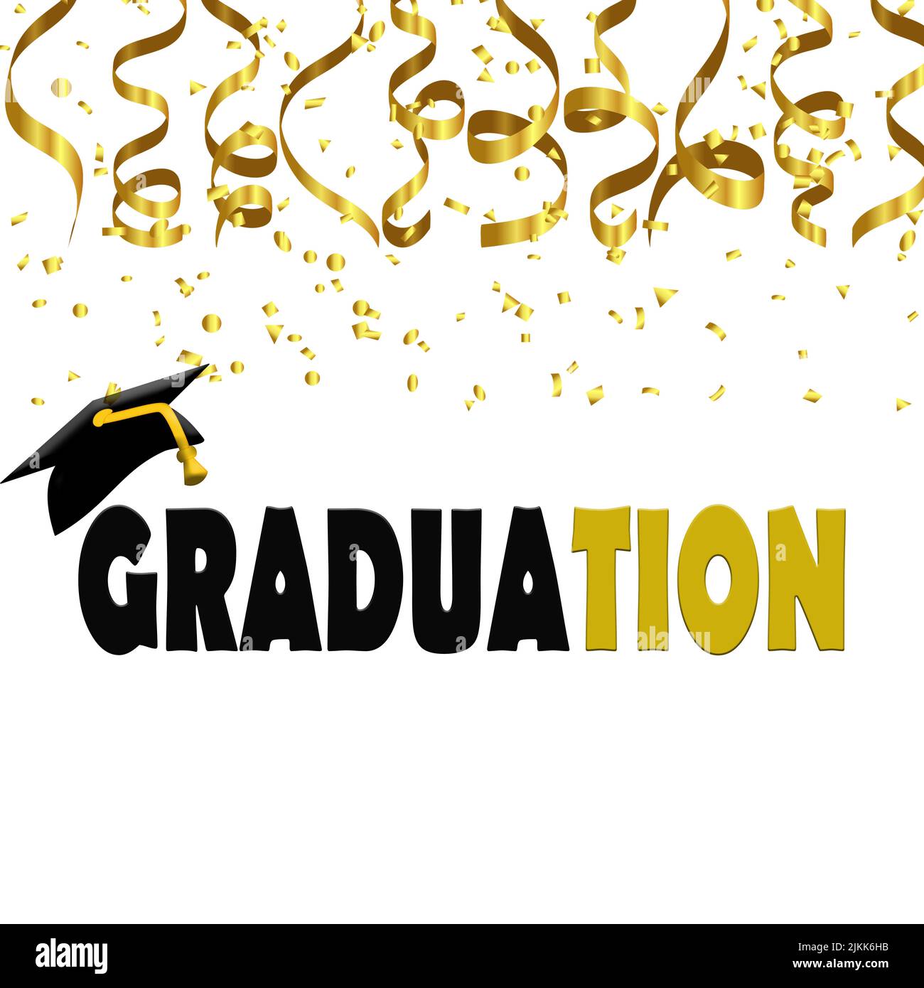 An illustration of a black and yellow writing of "graduation" and a hat ...