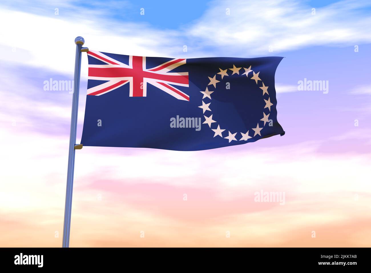 Waving flag of Cook Islands with chrome flag pole in blue sky waving in ...