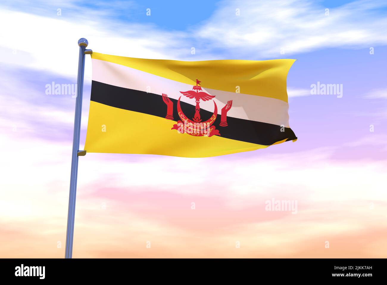 Waving flag of Brunei Darussalam with chrome flag pole in blue sky ...
