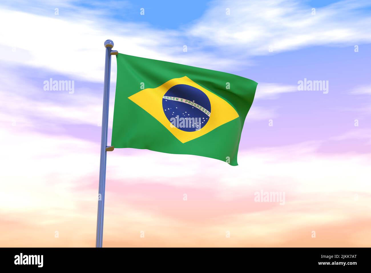 Waving flag of Brazil with chrome flag pole in blue sky waving in the ...