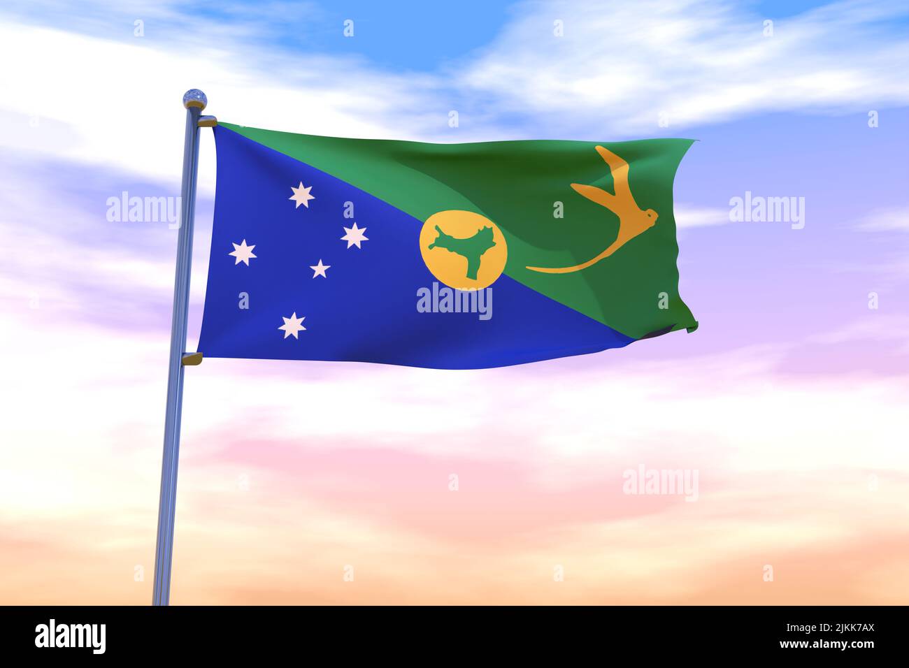Waving flag of Christmas Island with chrome flag pole in blue sky ...