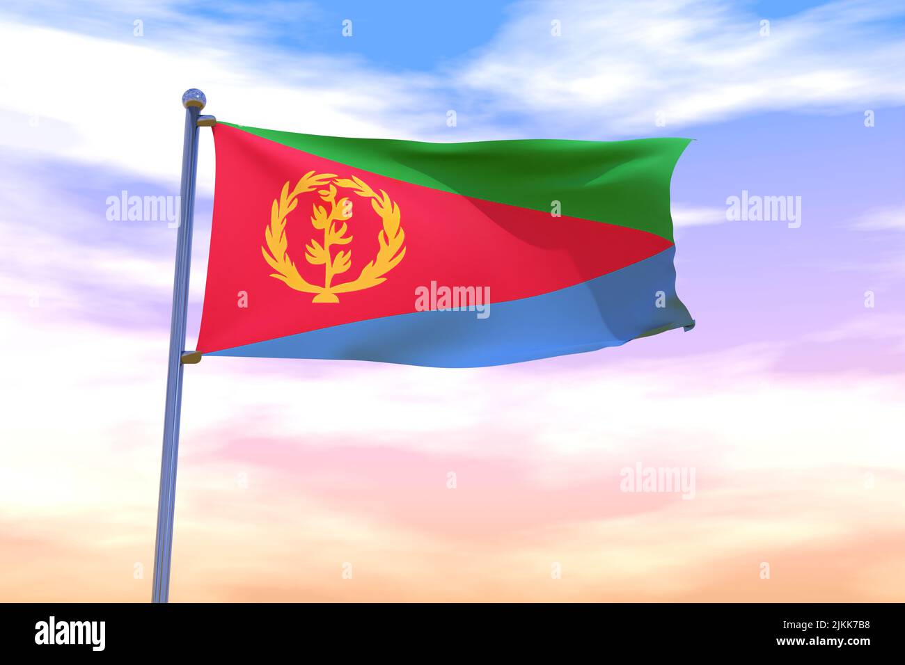 Waving Flag Of Eritrea With Chrome Flag Pole In Blue Sky Waving In The Waving Flag Of Eritrea With Chrome Flag Pole In Blue Sky Waving In The