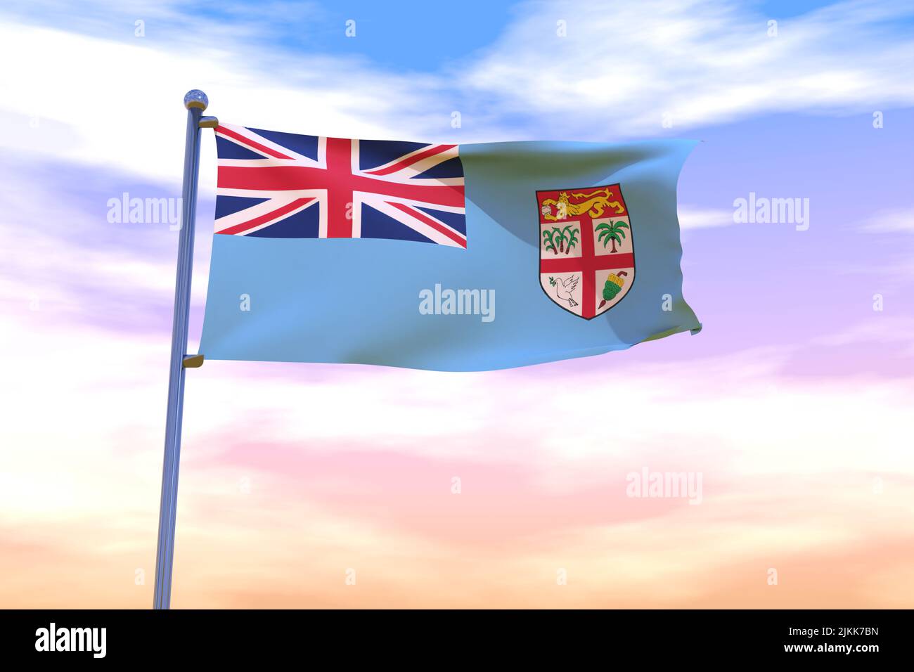 Waving flag of Fiji with chrome flag pole in blue sky waving in the ...