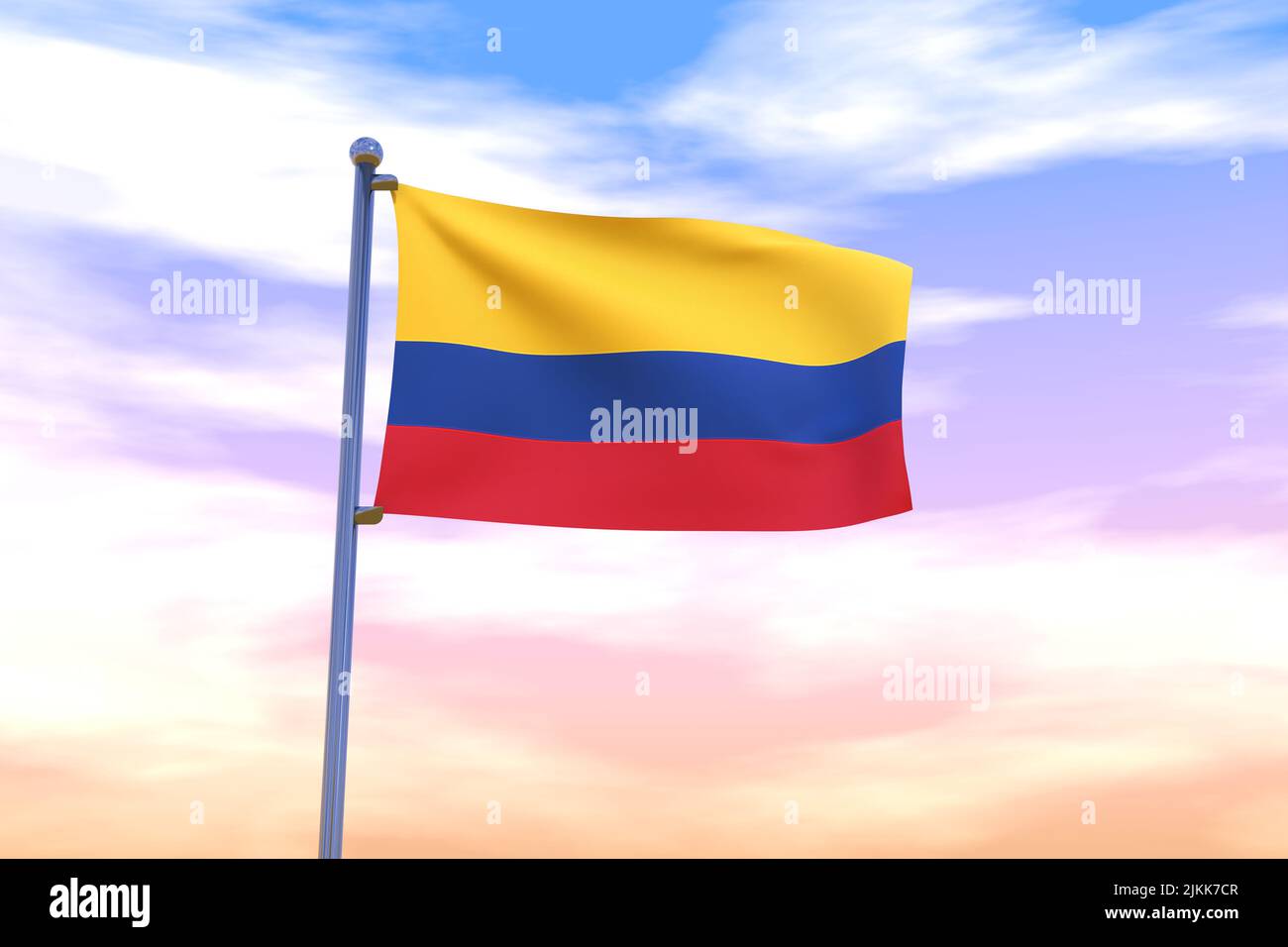 Waving flag of Colombia with chrome flag pole in blue sky waving in the ...