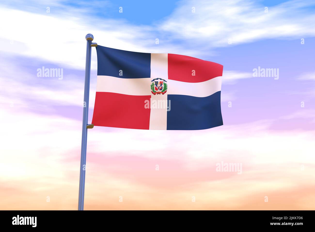 Waving flag of Dominican Republic with chrome flag pole in blue sky waving in the wind. High ...