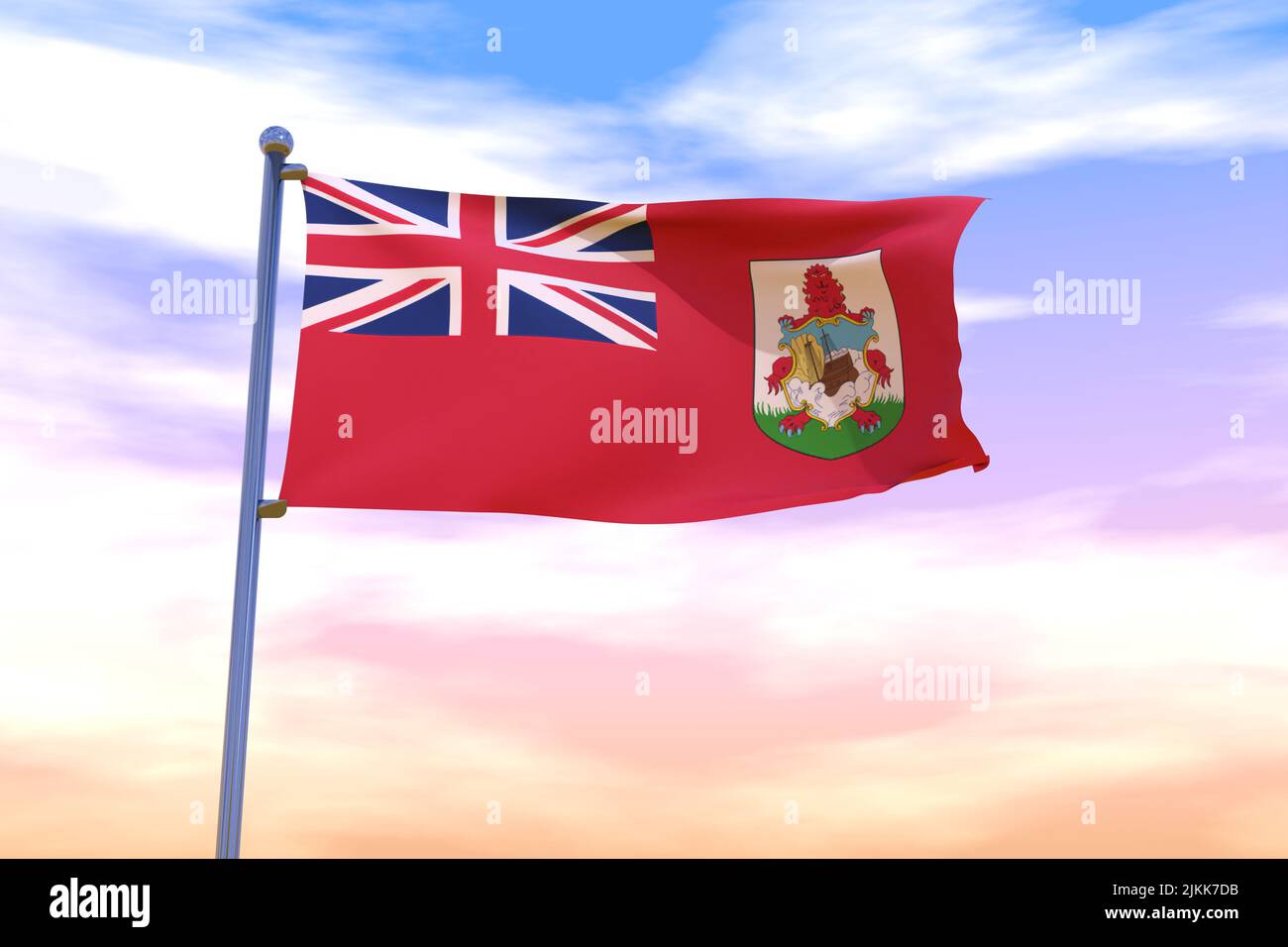 Waving flag of Bermuda with chrome flag pole in blue sky waving in the ...