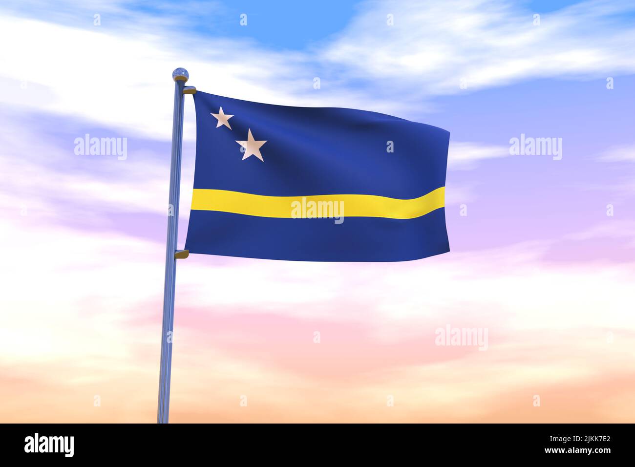 Waving flag of Curacao with chrome flag pole in blue sky waving in the ...