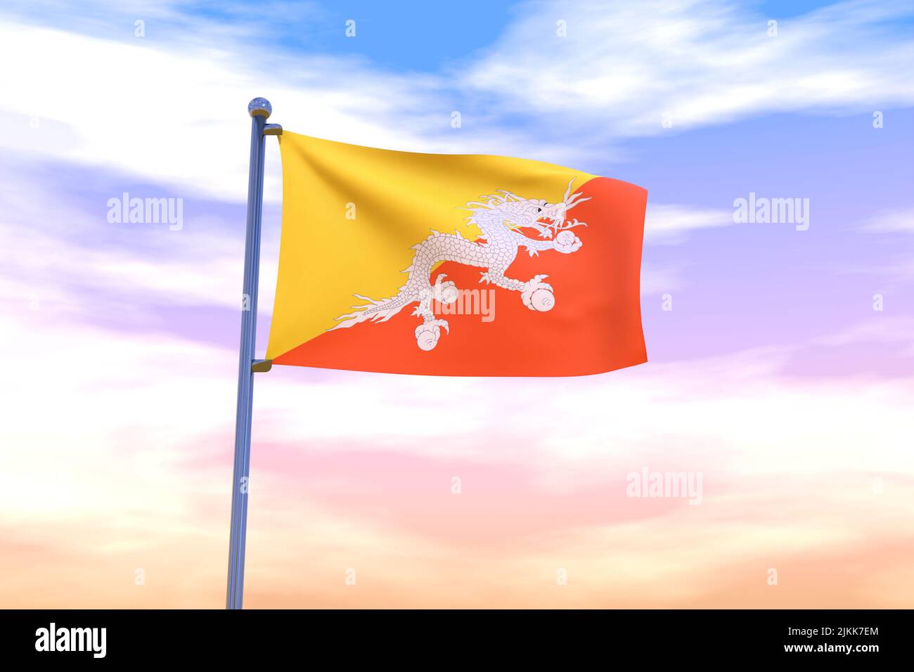 Waving flag of Bhutan with chrome flag pole in blue sky waving in the ...