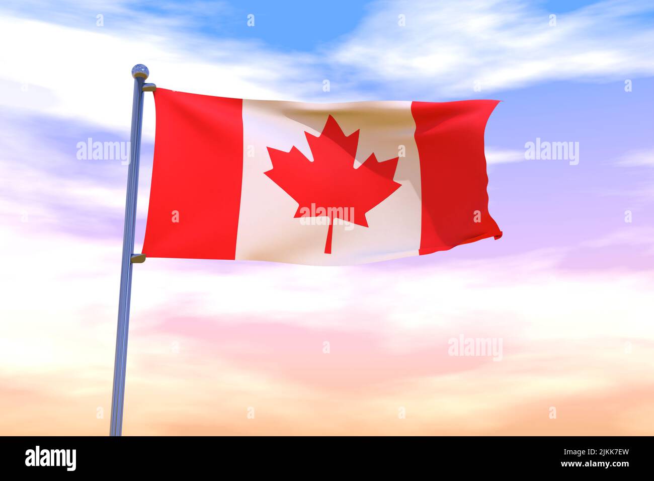 Waving flag of Canada with chrome flag pole in blue sky waving in the ...