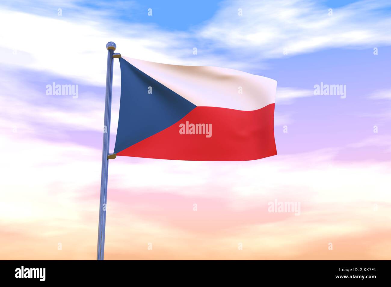 Waving flag of Czech Republic with chrome flag pole in blue sky waving ...