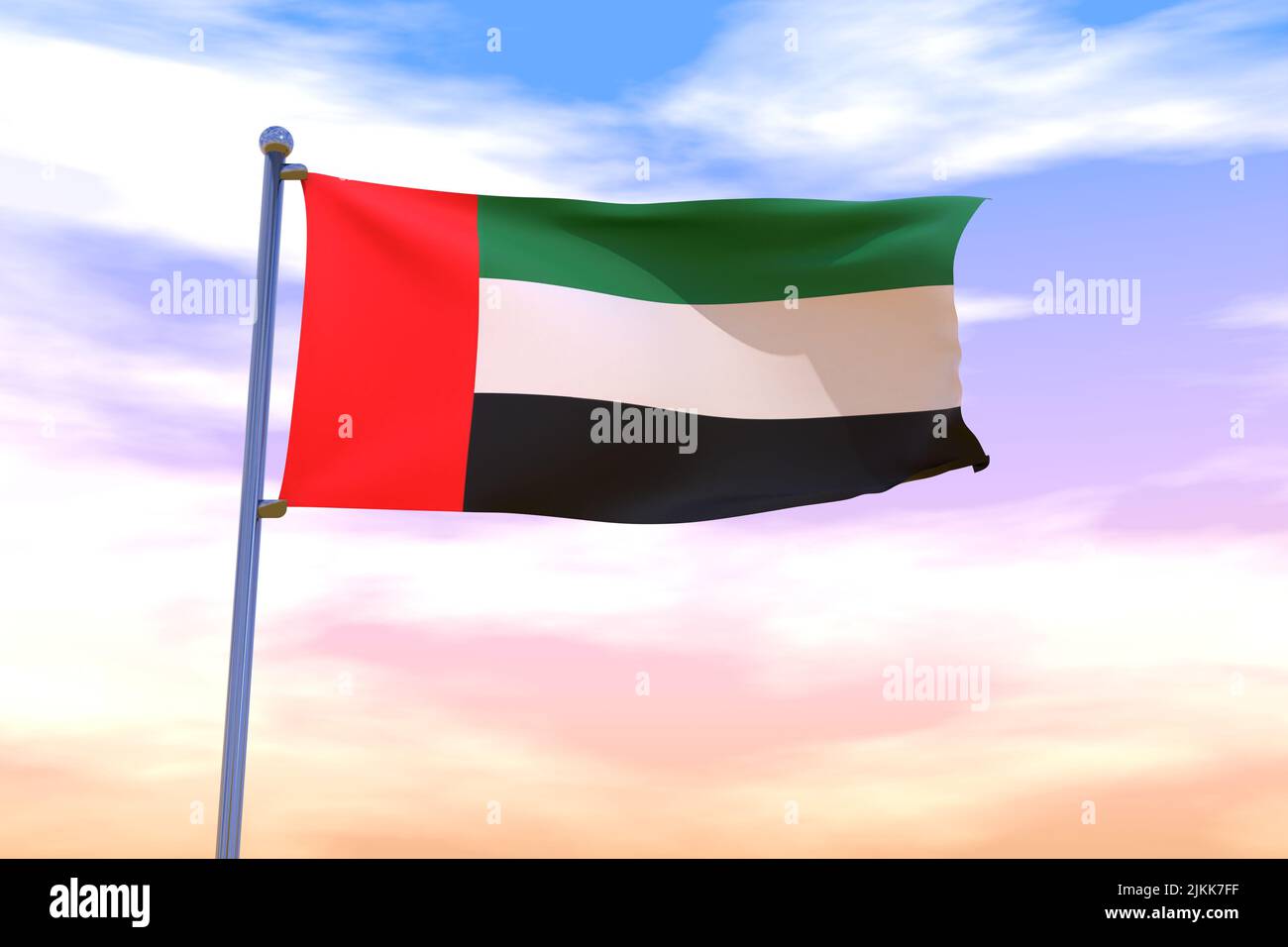 Waving flag of United Arab Emirates with chrome flag pole in blue sky ...