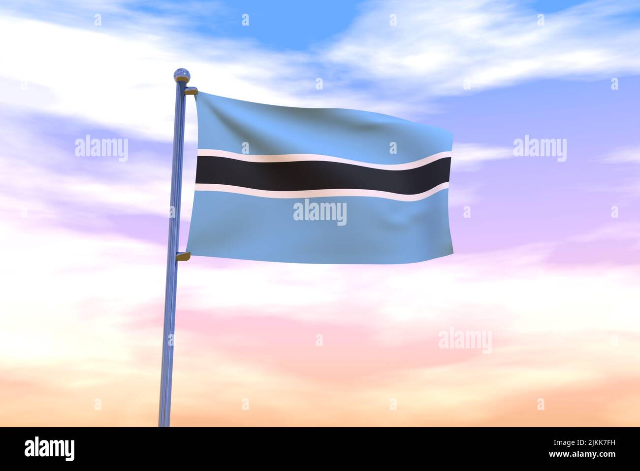 Waving flag of Botswana with chrome flag pole in blue sky waving in the wind. High resolution ...