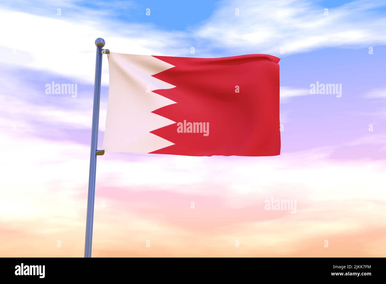 Waving flag of Bahrain with chrome flag pole in blue sky waving in the ...