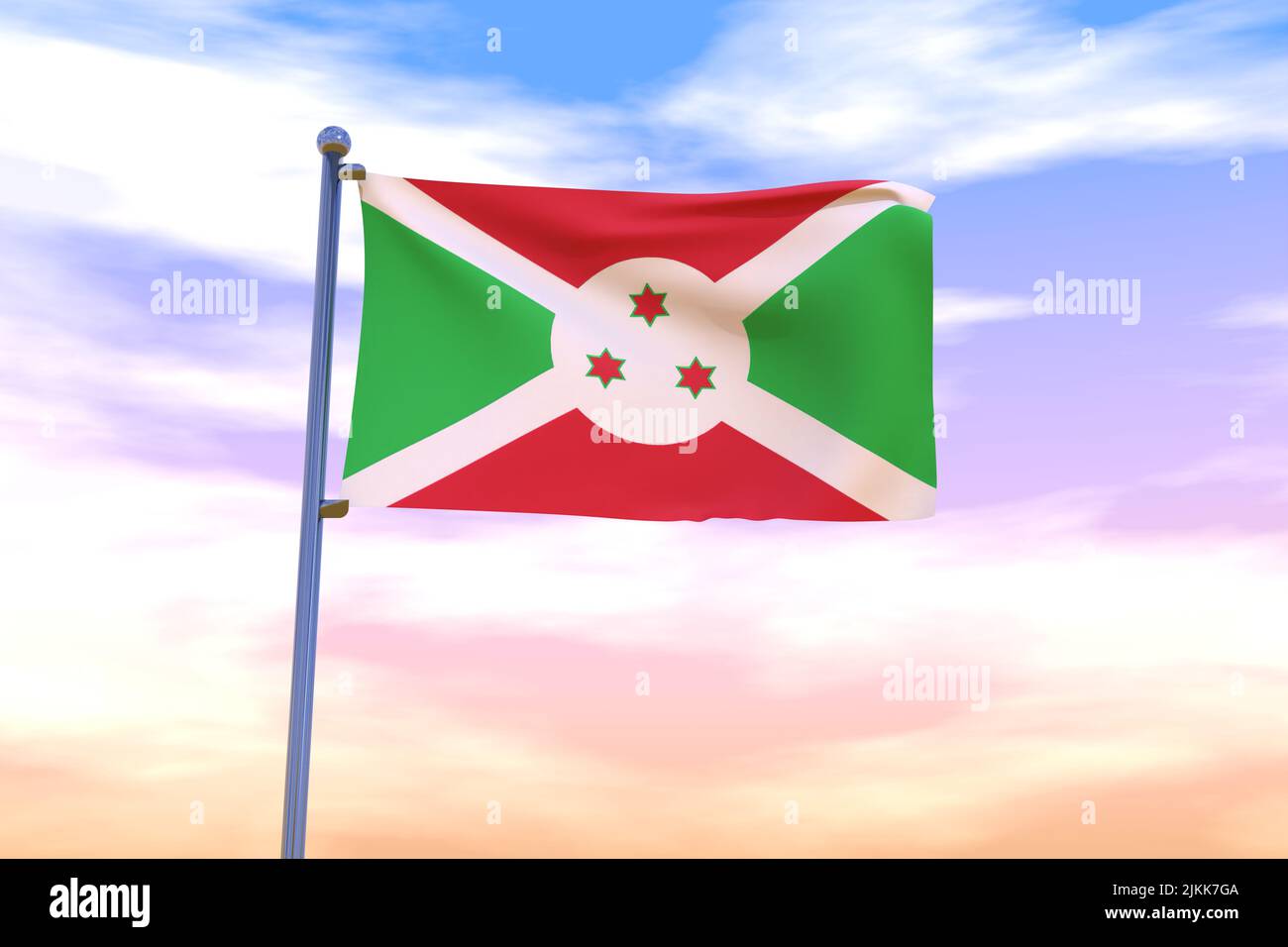 Waving flag of Burundi with chrome flag pole in blue sky waving in the ...