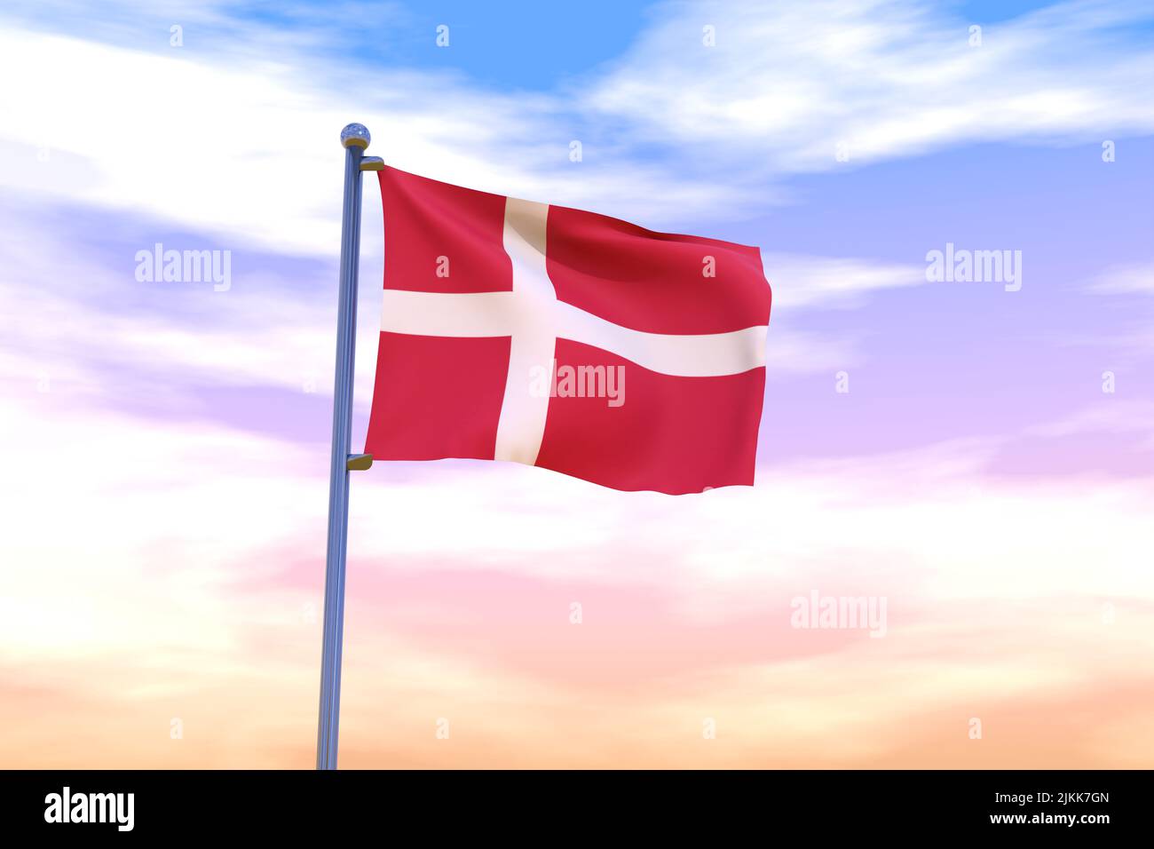 Waving flag of Denmark with chrome flag pole in blue sky waving in the ...